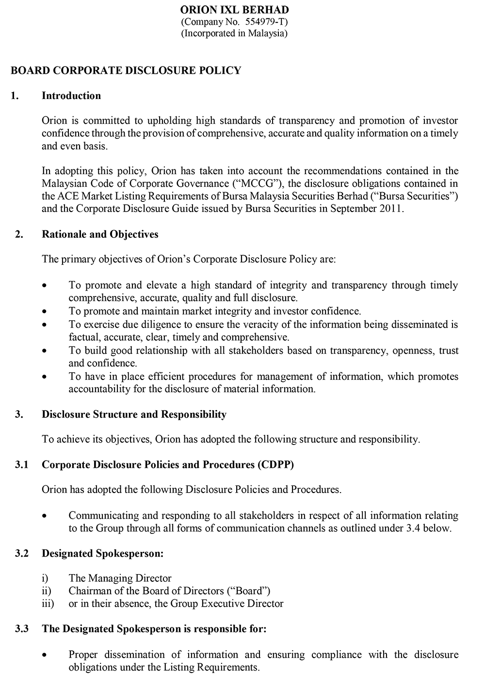 Board Corporate Disclosure Policy – ALDRICH Resources Berhad