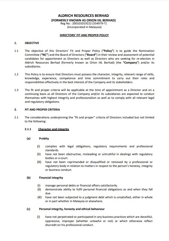 Director’s Fit and Proper Policy – ALDRICH Resources Berhad